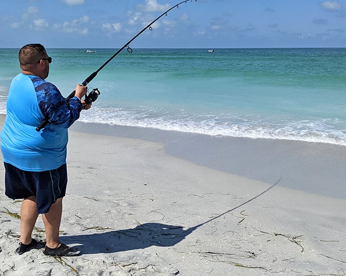 The eternal dance between angler and ocean. On Gasparilla's shores, fishing isn't just a hobby—it's a meditation with the possibility of dinner.