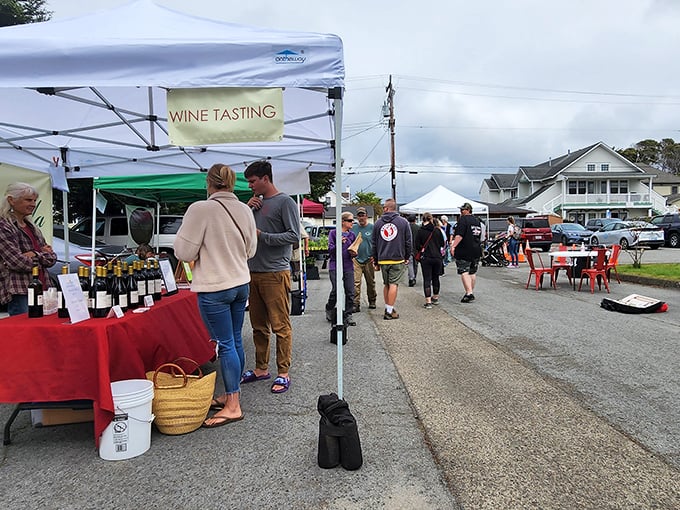 The farmers market – where wine tasting at 10 AM isn't day drinking, it's "supporting local agriculture" with enthusiastic research.