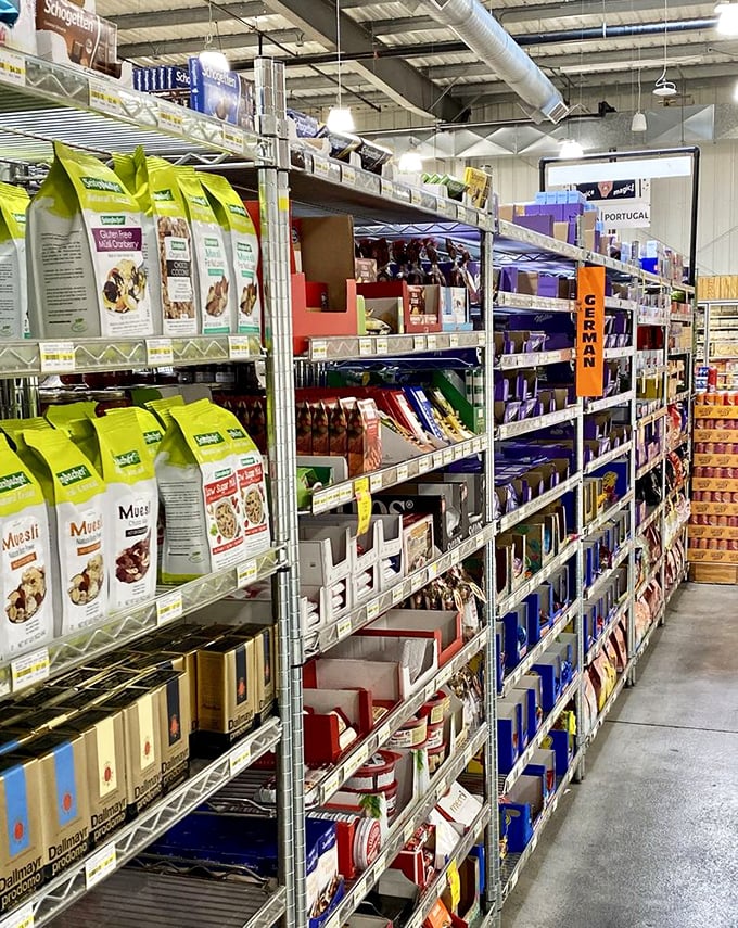 Global grocery glory! International aisles transport you across continents, with this section offering German and Portuguese specialties just steps apart.