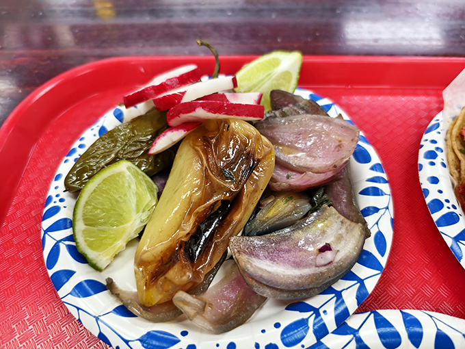 Grilled vegetables and tongue with lime—the kind of side dish that makes you question why it isn't the main event.