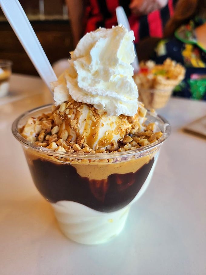 Hot fudge cascading down vanilla custard with a crown of whipped cream and nuts. This sundae doesn't just satisfy cravings—it silences them.
