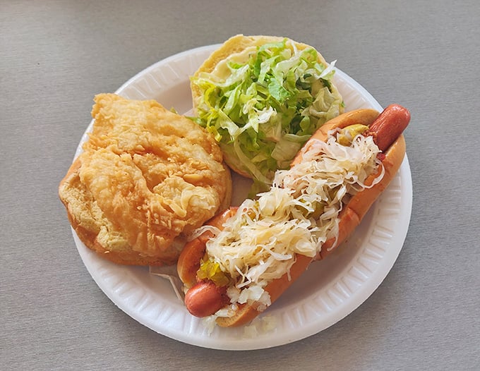 Simple perfection on a paper plate – a hot dog with all the fixings and a golden-fried chicken cutlet that puts fast food to shame.