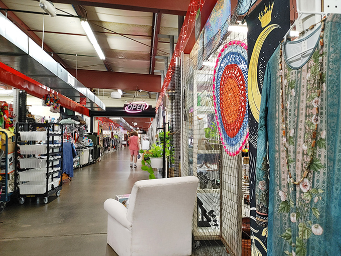 Dreamcatchers and tapestries create a bohemian oasis amid the commerce. That white chair isn't just furniture – it's an invitation to imagine possibilities.