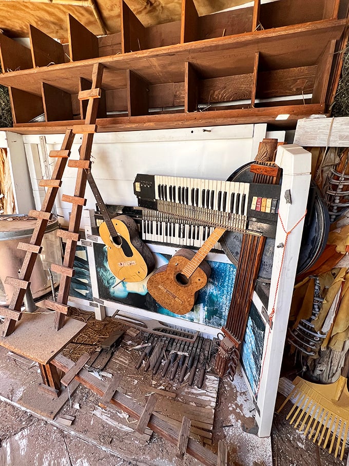 Music frozen in time—weathered guitars and a battered accordion create a silent symphony, waiting for desert winds to pluck their strings once more.