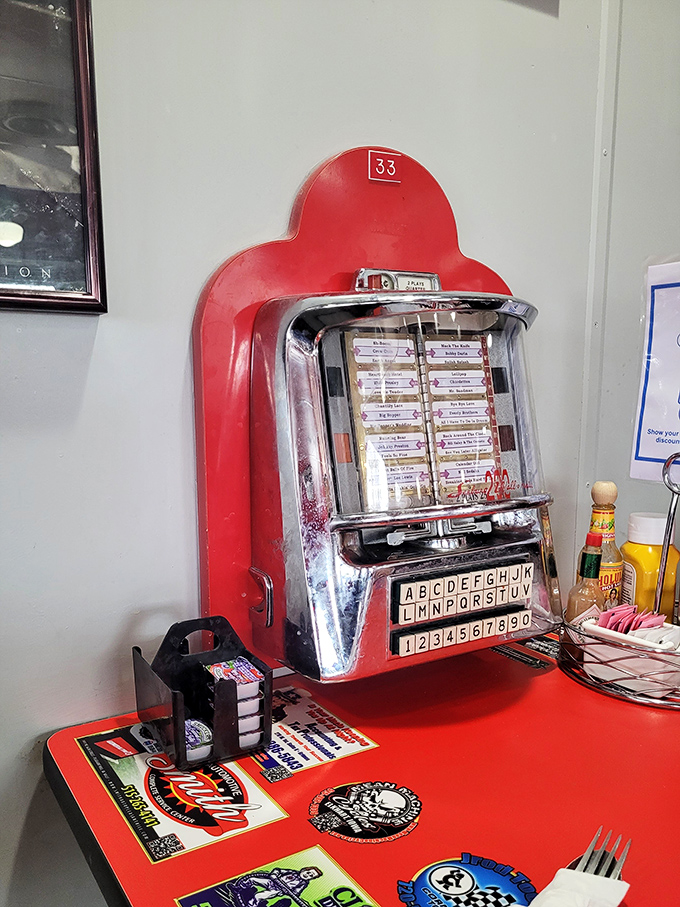 The vintage jukebox stands ready to provide the soundtrack to your meal—because every great food memory deserves its own theme song.