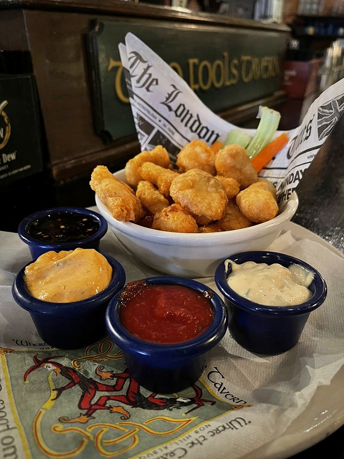 Liffey Chips—golden nuggets of fried goodness served with a trio of dipping sauces that turn snacking into a choose-your-own-adventure experience.
