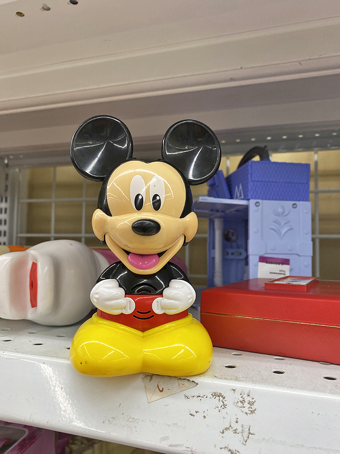 Mickey Mouse appears surprisingly zen about being secondhand. Disney magic at thrift store prices—now that's what I call a happy place.