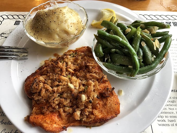 Onion-crusted salmon with those perfectly cooked green beans—proof that sometimes the simplest preparations let great ingredients sing their own delicious song.
