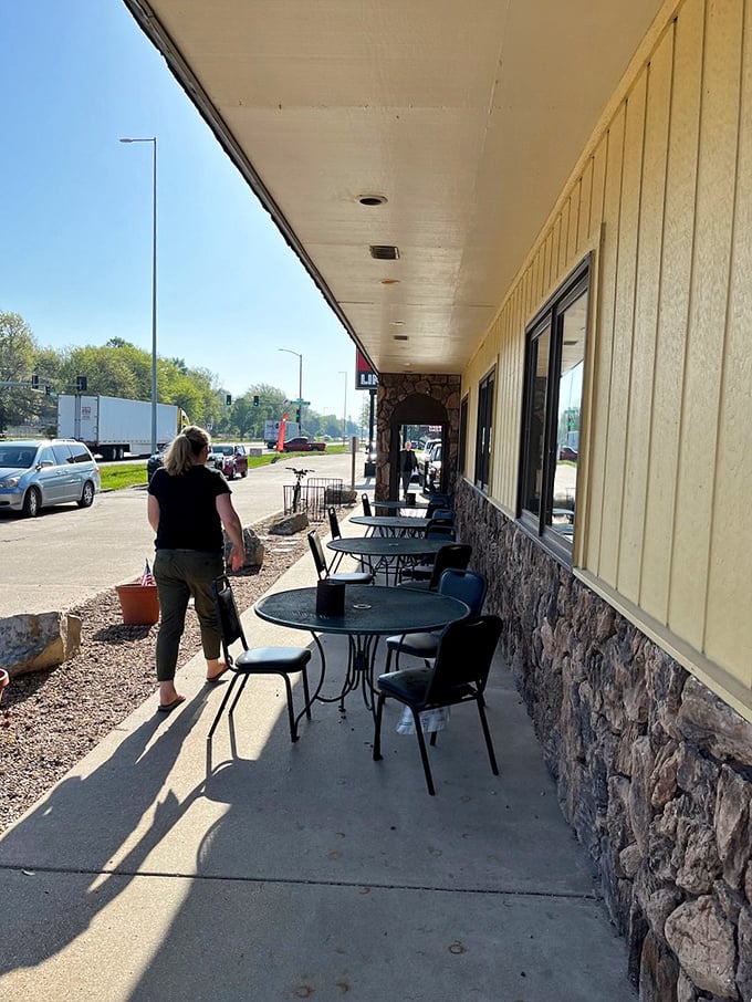 Outdoor seating for those rare perfect Nebraska days when the wind isn't trying to relocate your napkin to South Dakota.
