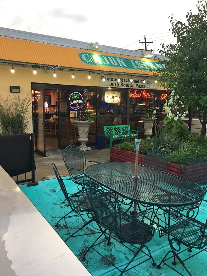 The turquoise patio floor and string lights create an unexpected oasis of calm amid the suburban landscape – like finding New Orleans in Ohio. 