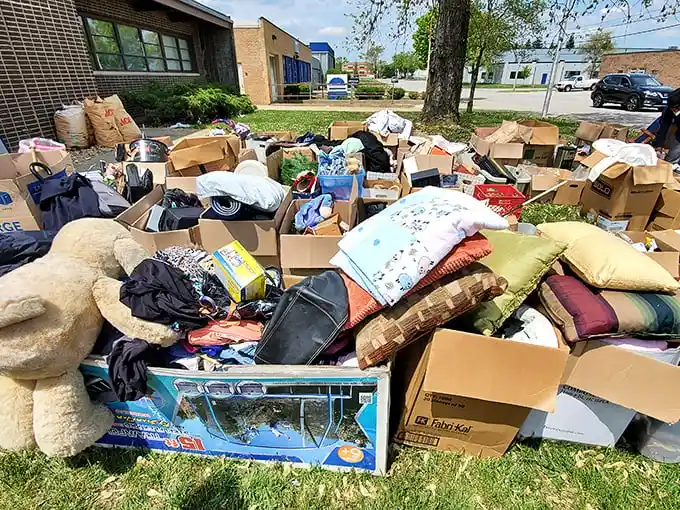 The outdoor overflow—proof that one person's "I should probably get rid of this" becomes another's "I've been looking everywhere for this!"