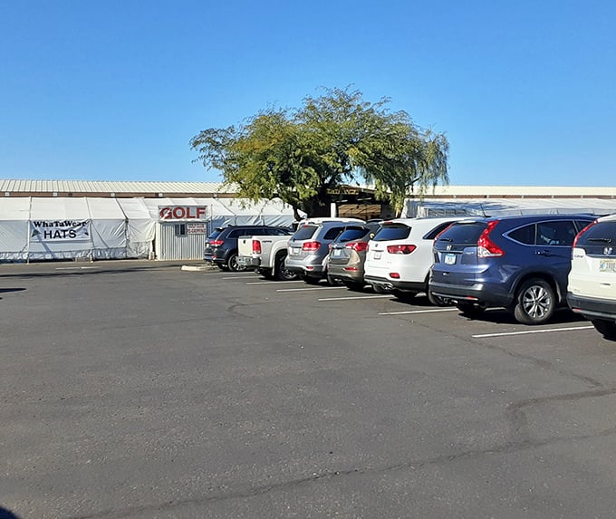 The parking lot – first battlefield of the day where early birds claim prime spots for optimal treasure hauling logistics.