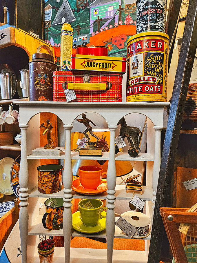 Colorful vintage containers that once occupied prime pantry real estate. That Quaker Oats tin probably witnessed the Great Depression and several kitchen remodels.