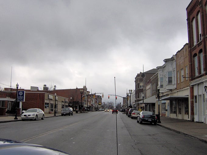 Main Street on a cloudy day—where even under gray skies, the historic charm of Delphos shines through with steadfast Midwestern resilience.