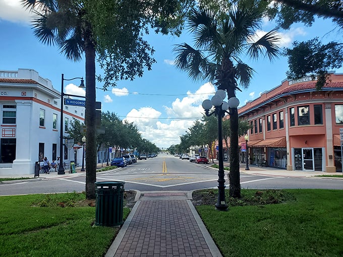 Downtown streets lined with palm trees and historic buildings—where "rush hour" means three cars might arrive at the stop sign simultaneously.