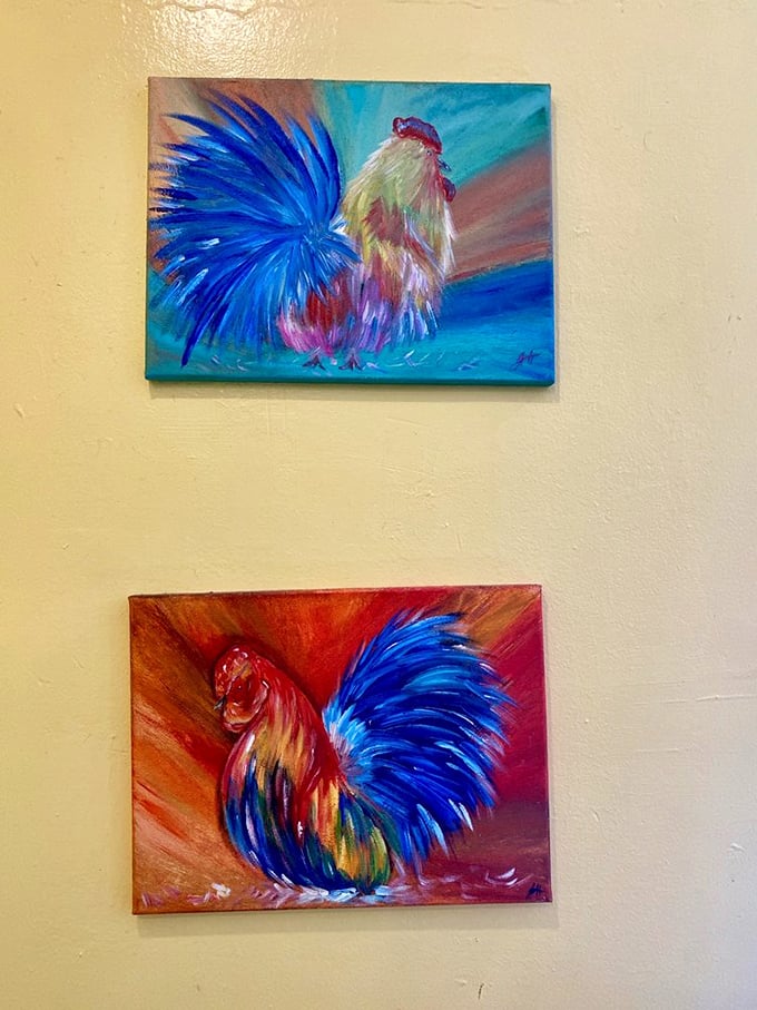 Vibrant rooster artwork adds splashes of color to the walls, a playful nod to morning meals that's both folksy and surprisingly artistic.