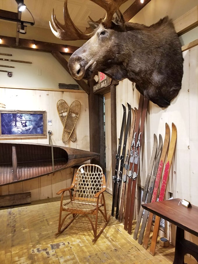A slice of North Country charm with vintage skis, snowshoes, and a watchful moose. Candy shopping with a side of New Hampshire wilderness.