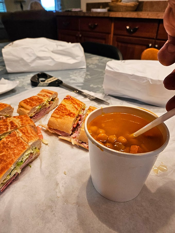 Spanish Bean Soup and Cuban sandwich quarters—a pairing so perfect it should have its own holiday in Florida.