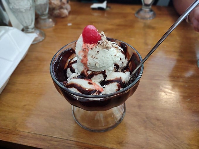 Hot fudge sundae so classic it should be in the Smithsonian—the kind that makes you briefly consider trading your 401K for unlimited refills.
