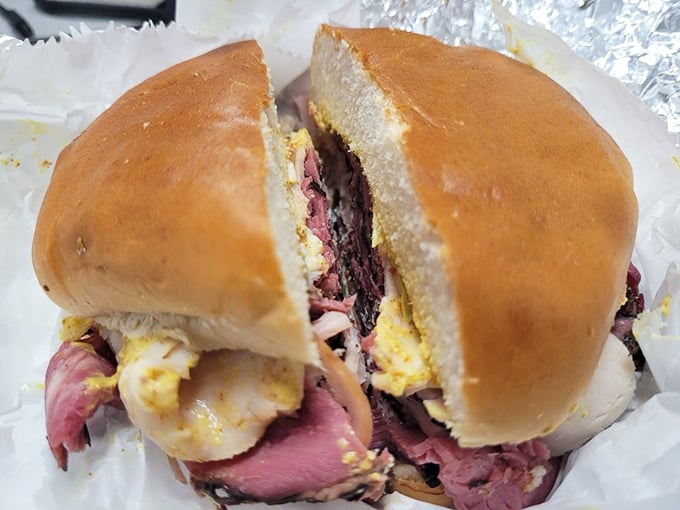 The Roosevelt on challah—a sandwich so presidential it deserves its own Secret Service detail. The egg-rich bread cradles roast beef with diplomatic immunity from mediocrity.