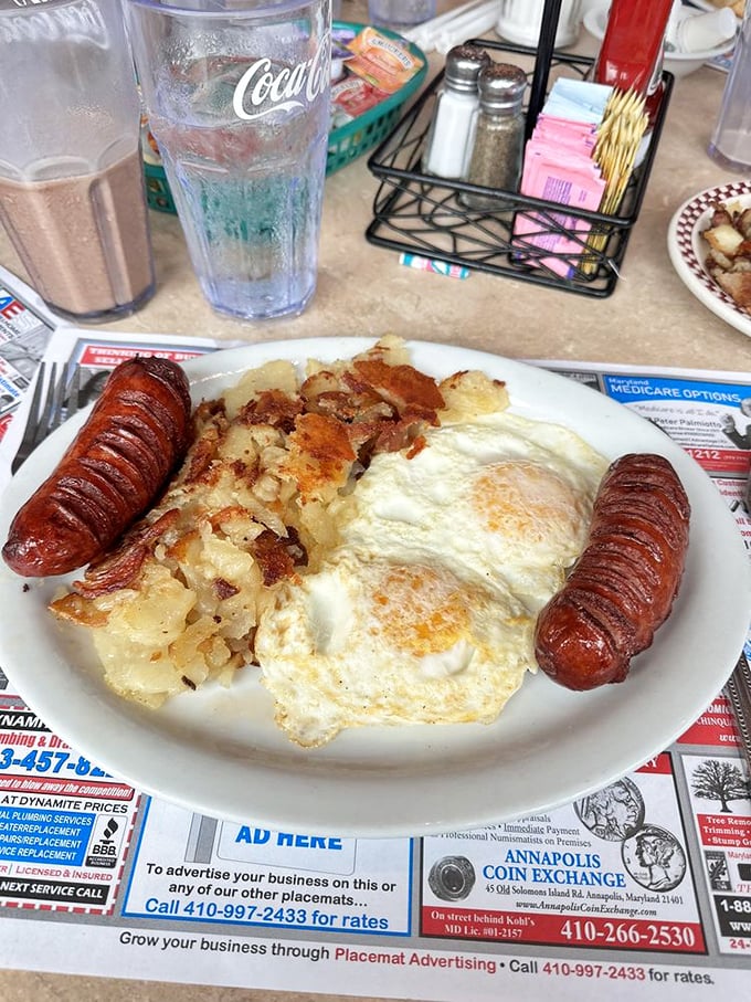 The breakfast of champions – eggs cooked exactly how you ordered them, paired with sausages that snap with each bite.