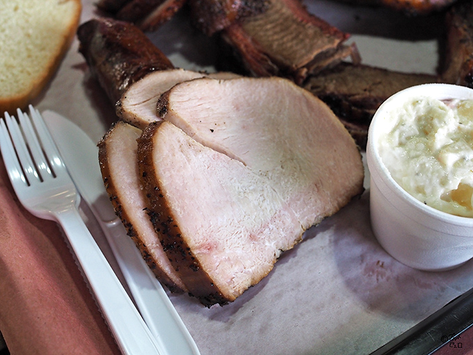 Turkey that defies the "dry poultry" stereotype – somehow managing to be both smoky and juicy, like the barbecue unicorn it truly is.