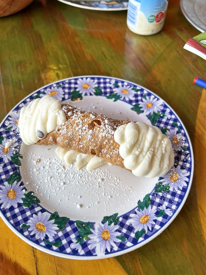 The cannoli doesn't just end the meal – it punctuates it with an exclamation point of creamy filling and powdered sugar on a floral plate.