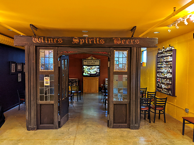 An antique bar entrance leads to a tasting area where spirits of a different kind—mustard spirits—await the adventurous palate.