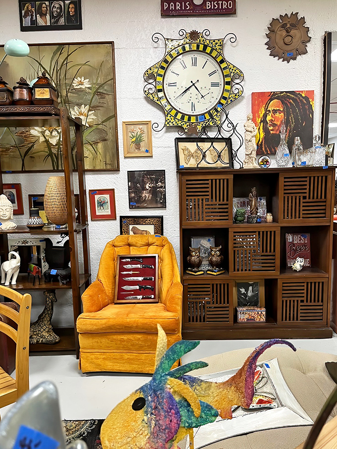 Mid-century meets eclectic in this living room vignette. That mustard chair isn't just seating—it's a statement piece waiting for its starring role.