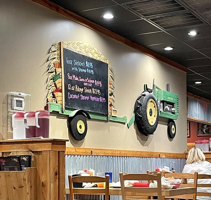 That tractor chalkboard isn't just decoration—it's a promise of daily specials that might just make your week.
