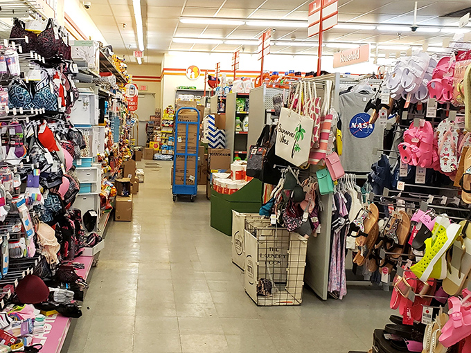 The accessories section – where handbags, scarves, and novelty items await their chance to become your next conversation starter.
