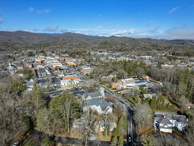 From above, Brevard reveals itself as a perfect patchwork of charming buildings nestled among the rolling mountains like nature's version of a warm hug.