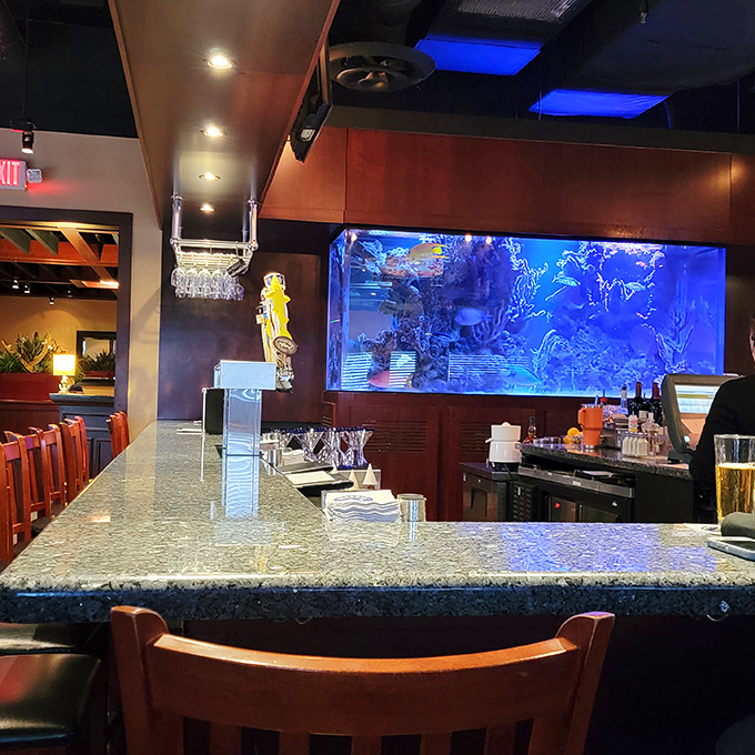 The bar's aquarium glows like a portal to another world. After a couple of drinks, you might start taking fish recommendations on what to order.