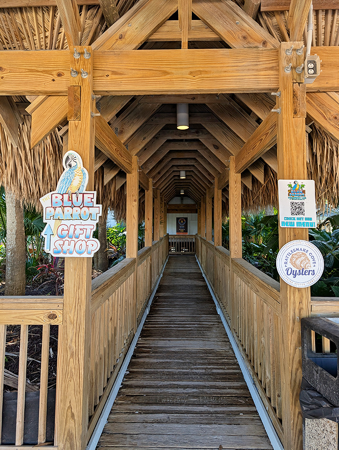 The boardwalk entrance—like a wooden runway leading to seafood paradise. Every great meal deserves a proper introduction.