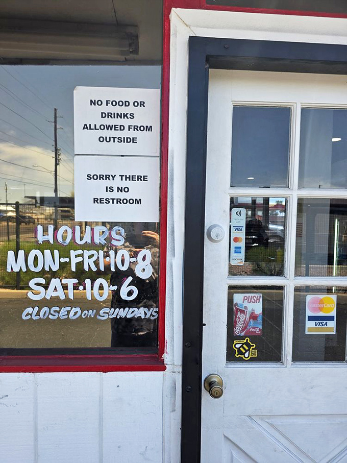 Hours posted with refreshing honesty. No QR codes, no apps, no nonsense – just straightforward information about when to get your burger fix.