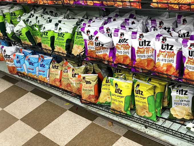 A potato chip selection that rivals the paint swatch wall at Home Depot – Utz varieties standing at attention, waiting for their sandwich partner.