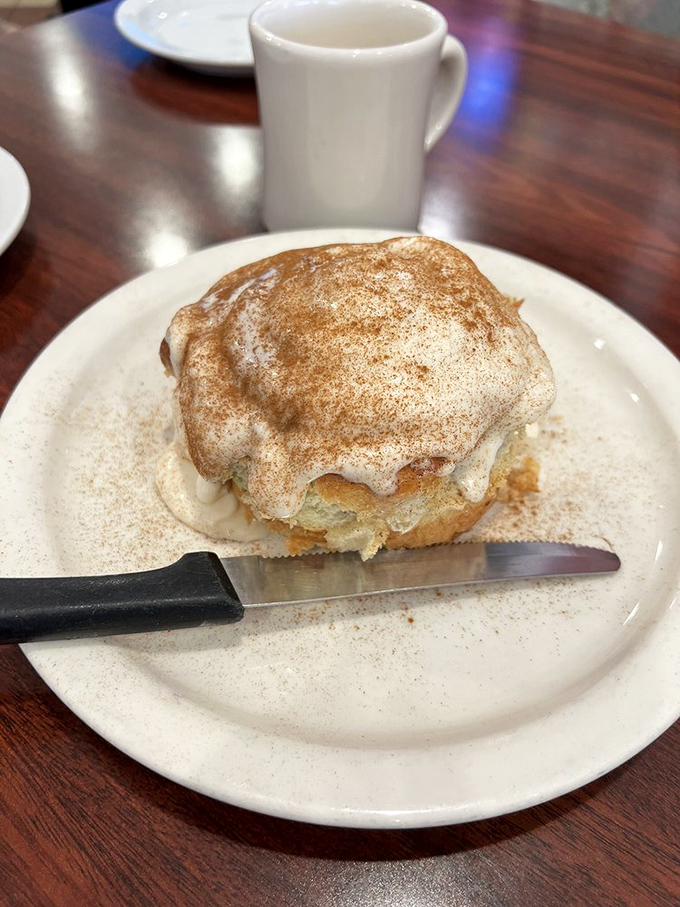 This cinnamon roll isn't just breakfast—it's an experience. Warm, gooey perfection dusted with cinnamon that could make a pastry chef weep.