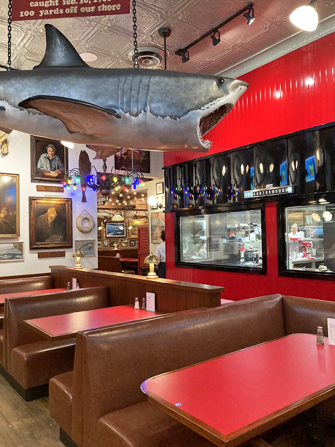Red tables, brown booths, and a shark overhead—dining room decor that says "we're serious about seafood, not interior design."