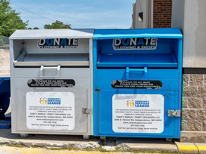 Community-minded donation bins outside remind us that thrifting isn't just shopping—it's participating in a cycle of generosity and sustainability.