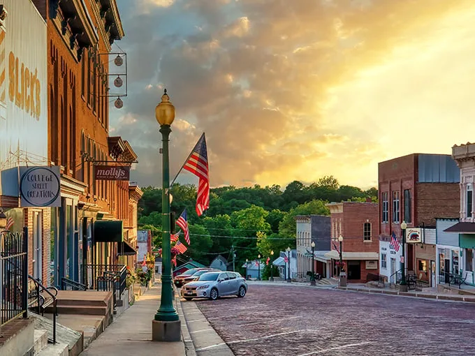 Sunset paints Mount Carroll in hues no filter could improve. This isn't just a street scene—it's a masterclass in small-town Americana.