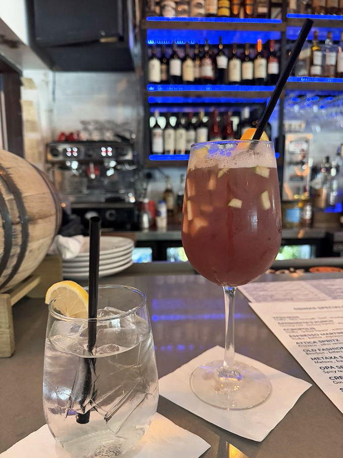 Cocktails that set the stage for the evening's Greek drama. One clear, one blush – both promising to make your dinner stories more interesting.