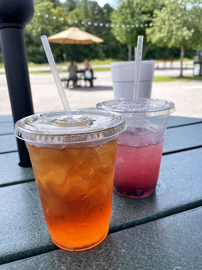 Sweet tea and berry lemonade served in proper plastic cups with bendy straws. In the South, proper hydration is serious business—and seriously delicious.