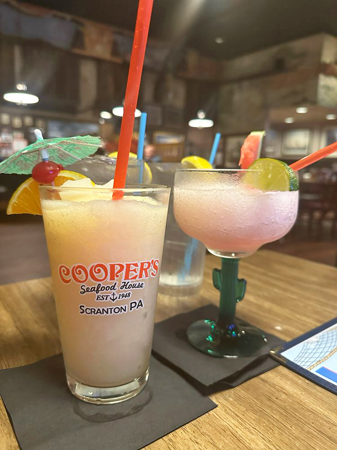 Tropical drinks in Scranton? These colorful concoctions with their tiny umbrellas transport you to island time—Pennsylvania latitude, Caribbean attitude.