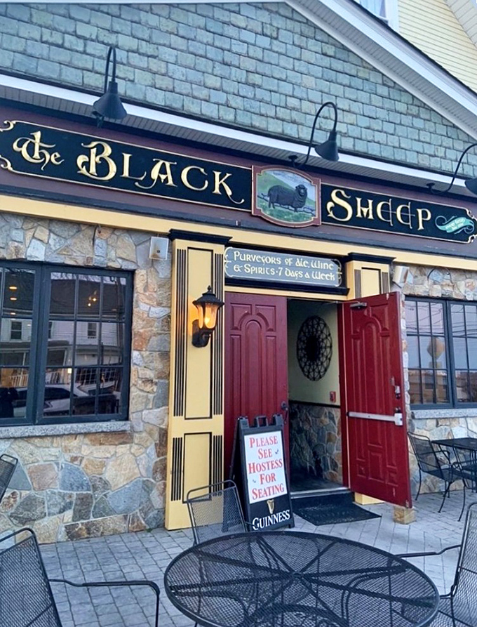 "Purveyors of Ale, Wine & Spirits 7 Days a Week" – a promise as welcoming as those wide-open red doors on a chilly Connecticut evening.