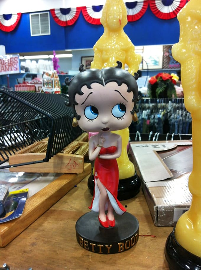 Betty Boop stands guard over the collectibles section, a vintage sentinel reminding us that yesterday's kitsch is today's coveted treasure.