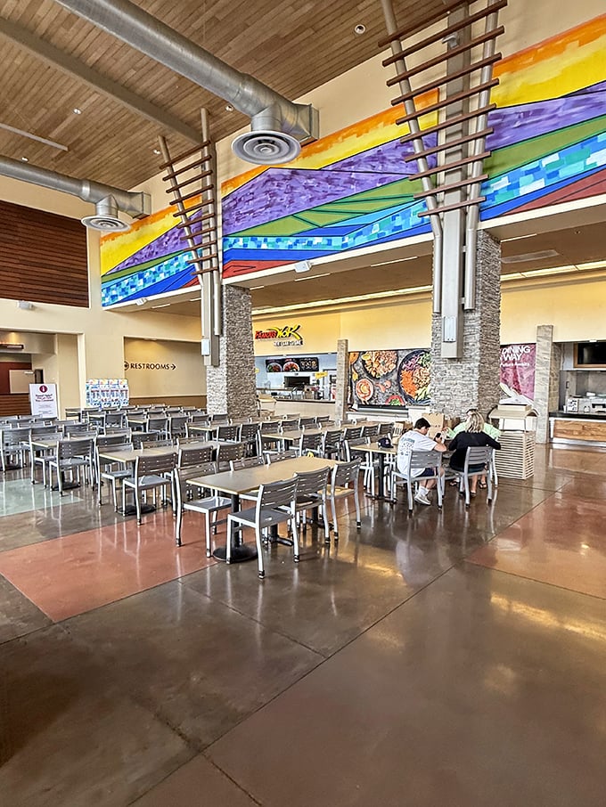 The food court—retail's version of a pit stop—where rainbow ceiling art distracts you from the fact that you're refueling to shop more.