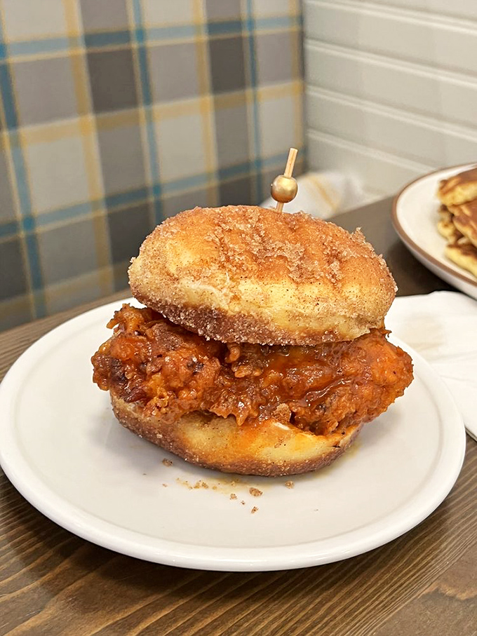 This isn't just a chicken sandwich—it's a masterpiece of sweet and savory that makes you wonder why donuts haven't always been used as bread.