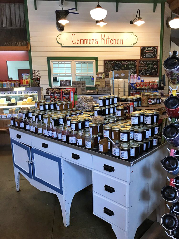 The Commons Kitchen's jam display—where fruit achieves immortality. Each jar contains summer sunshine, preserved and waiting patiently for your toast.