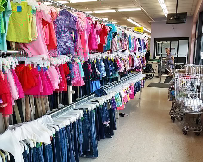The children's section explodes with color, where growing kids can get new wardrobes without growing the credit card bill.