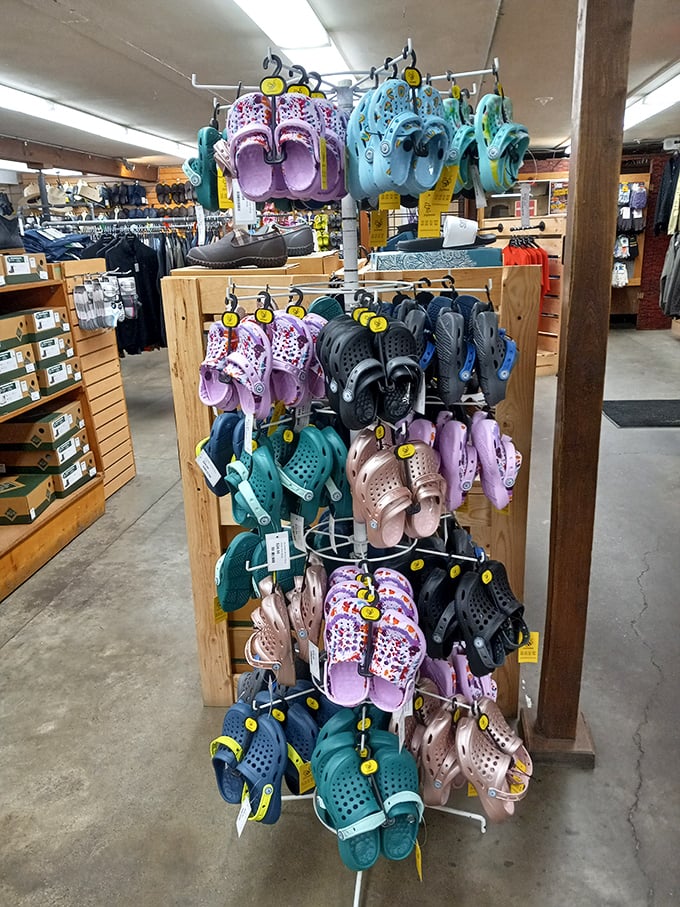 Even the footwear selection speaks to practicality over fashion. These colorful Crocs say, "We understand our customers actually work for a living."